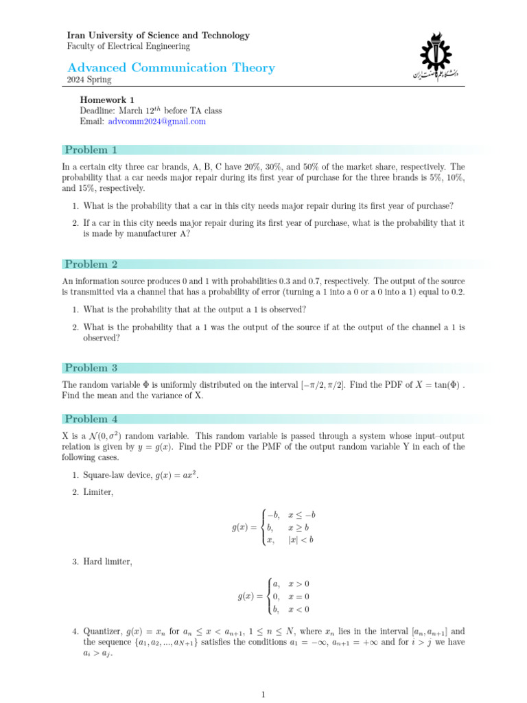 Advanced Communication Theory: Problem 1 | PDF | Probability Density Function | Random Variable
