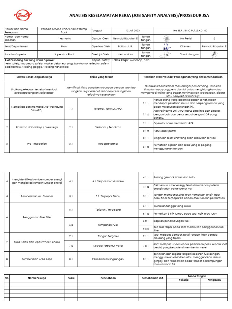 BMC - PLT.JSA.01.02 Periodic Service Pertama Dump Truck - 2023 | PDF