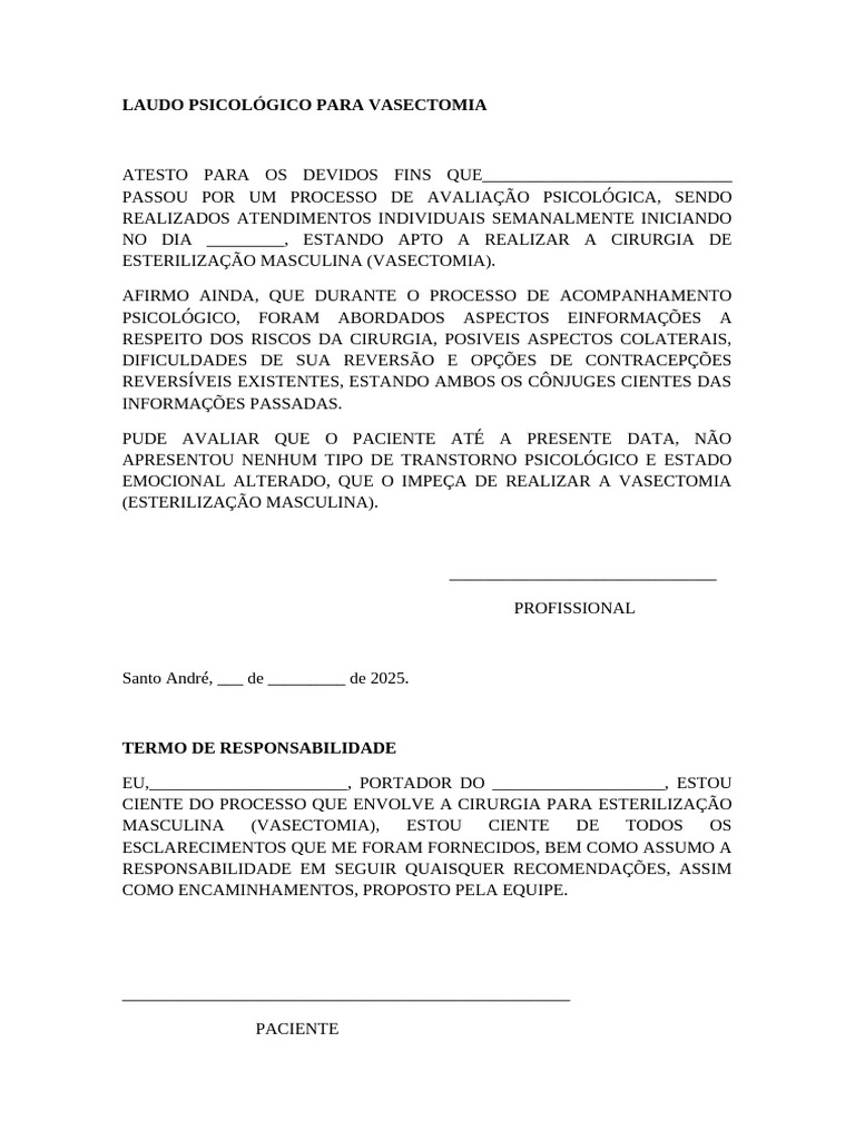 Modelo de LAUDO PSICOLÓGICO PARA VASECTOMIA | PDF