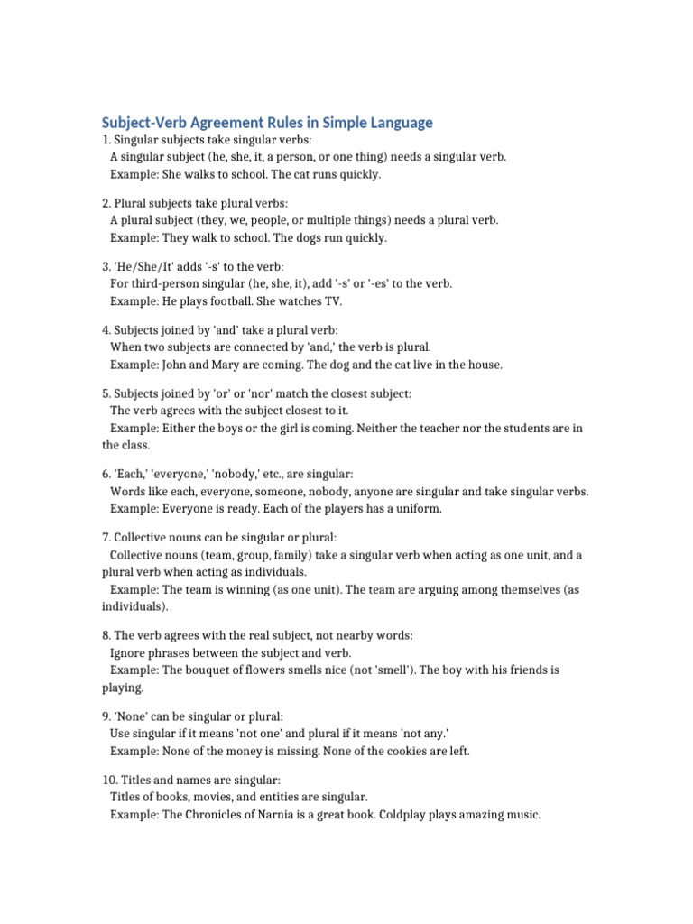 Simple Subject-Verb Agreement Rules | PDF | Grammatical Number | Plural