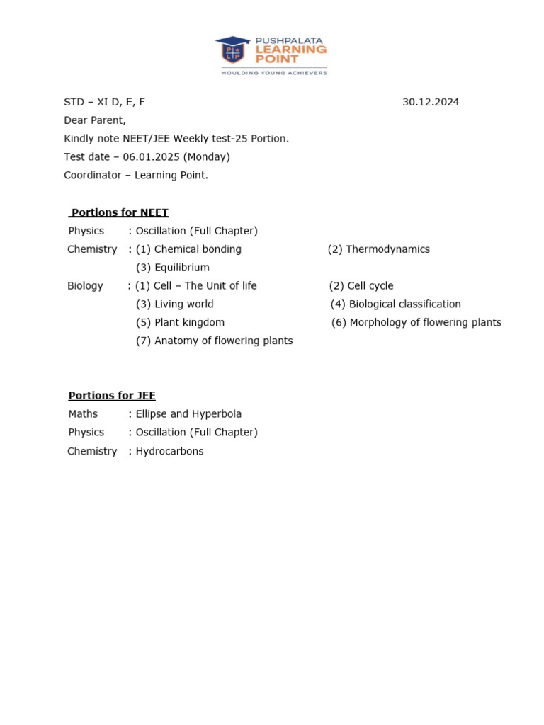 NEET/JEE Weekly Test 25 Portions | PDF
