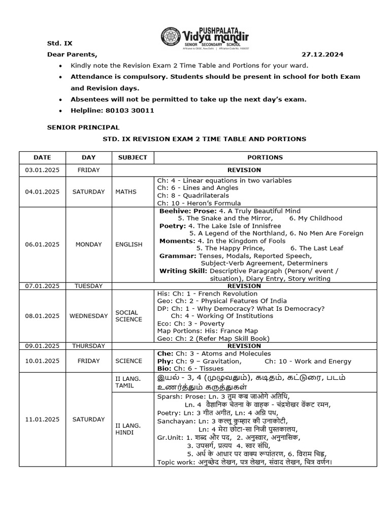 Std. Ix Revision Exam 2 Time Table and Portions | PDF