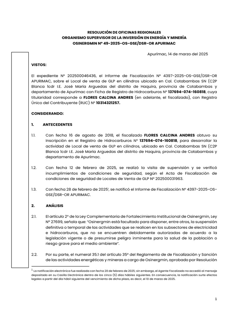 RS - A - Flores Calcina Andres | PDF | Regulación | Minería