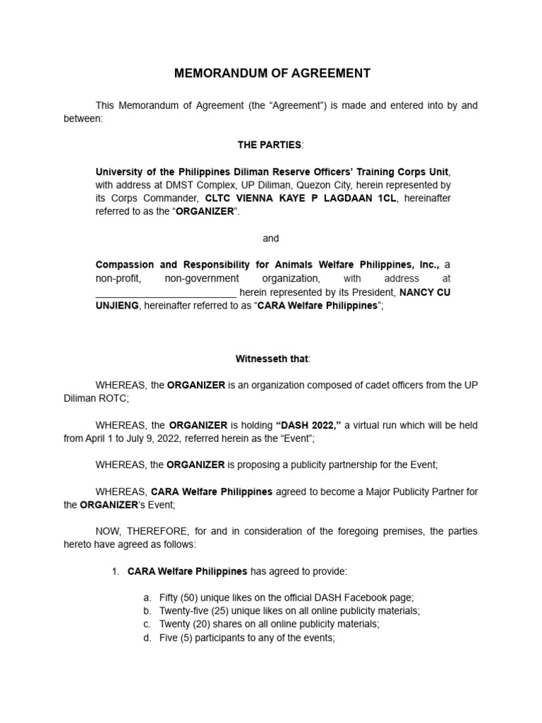DASH 2022 Memorandum of Agreement - CARA Welfare Philippines | PDF ...