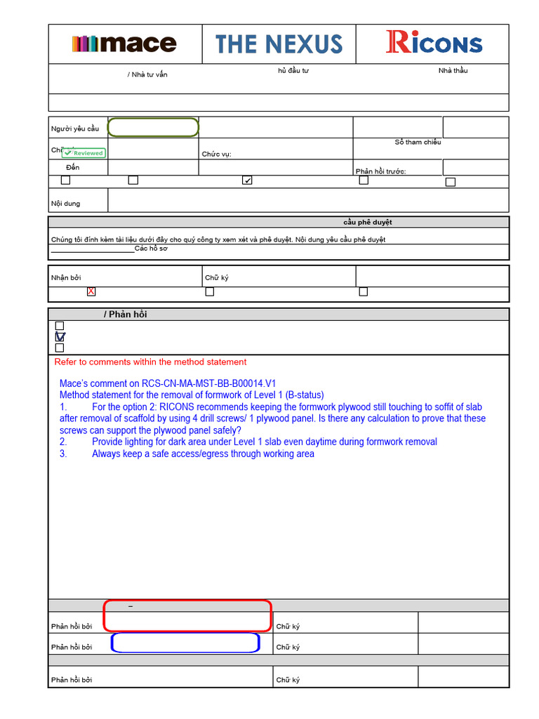 RCS-CN-MA-MST-BB-B00014.V1 - Status B - The Removal of Formwork of Level L1 | PDF