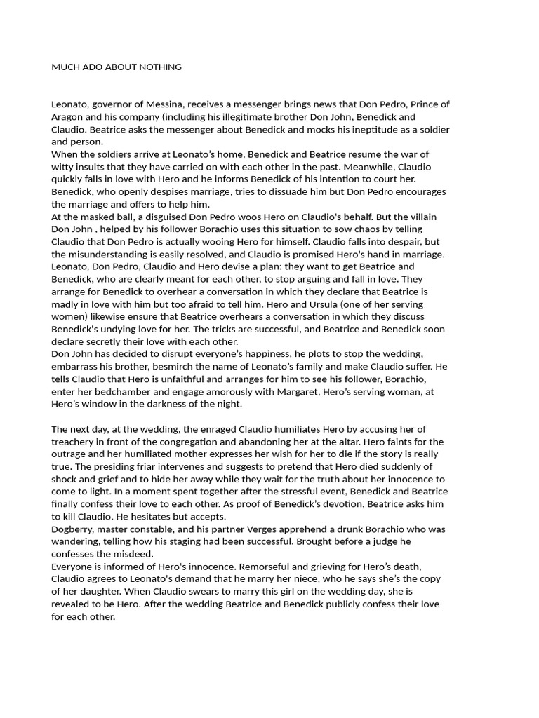 Much Ado About Nothing Summary | PDF | Much Ado About Nothing