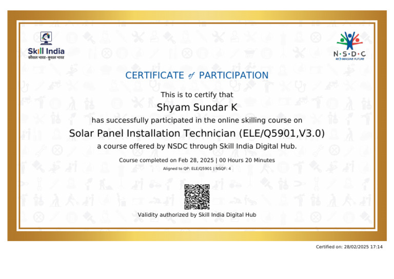 NSDC Solar Panel Installation Certificate | PDF