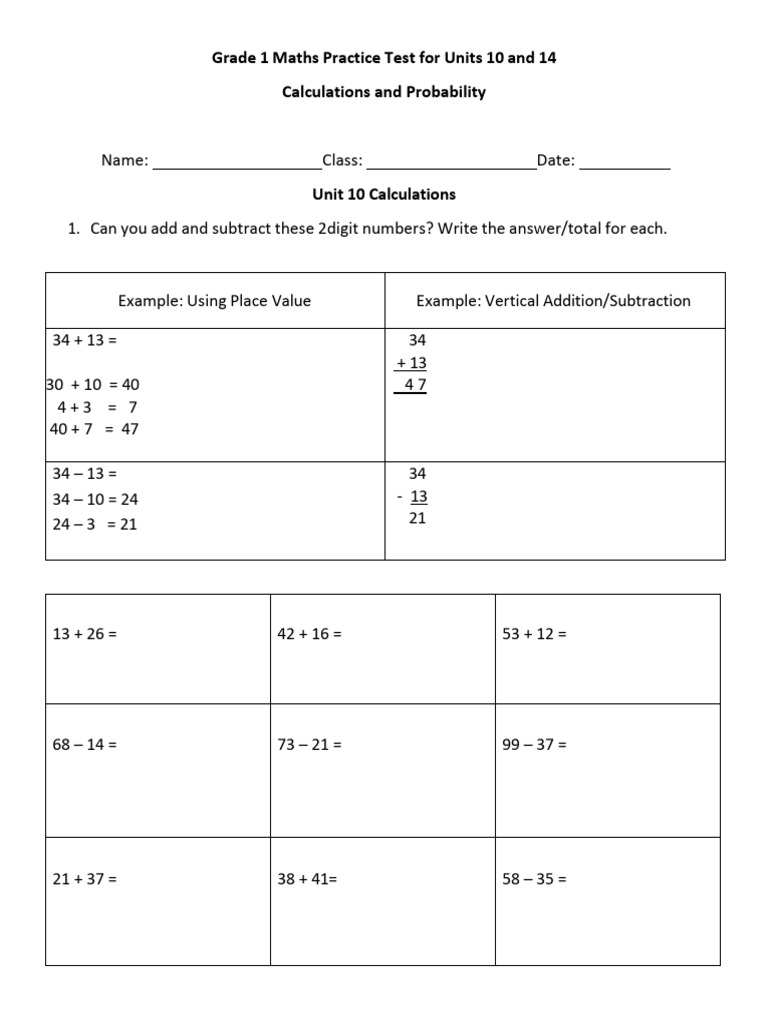Grade 1 Maths Test: Calculations & Probability | PDF | Multiplication ...