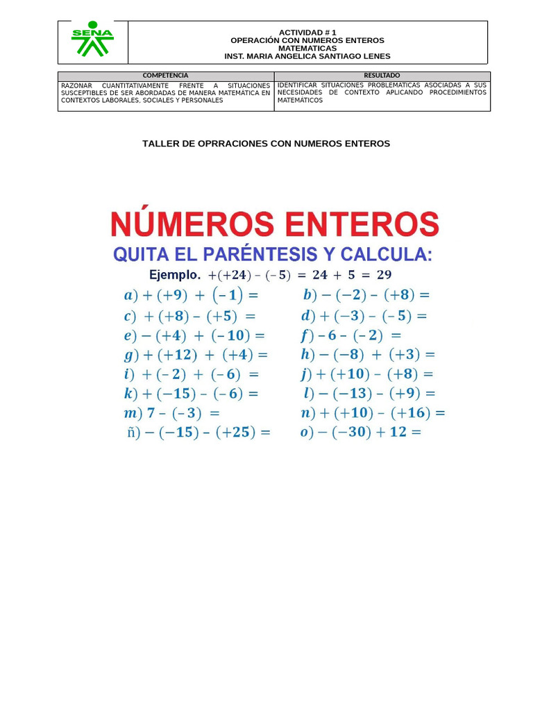 Taller de Operaciones con Números Enteros | PDF