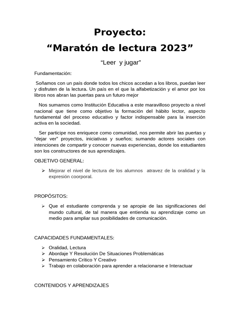 MARATÓN DE LECTURA 2023 - PROYECTO - Docx Versión 1-2 | PDF | Literatura | Comunicación humana
