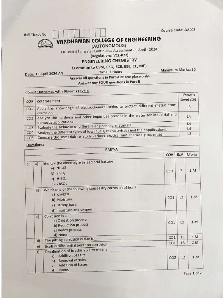 CAT-I Chemistry QP | PDF
