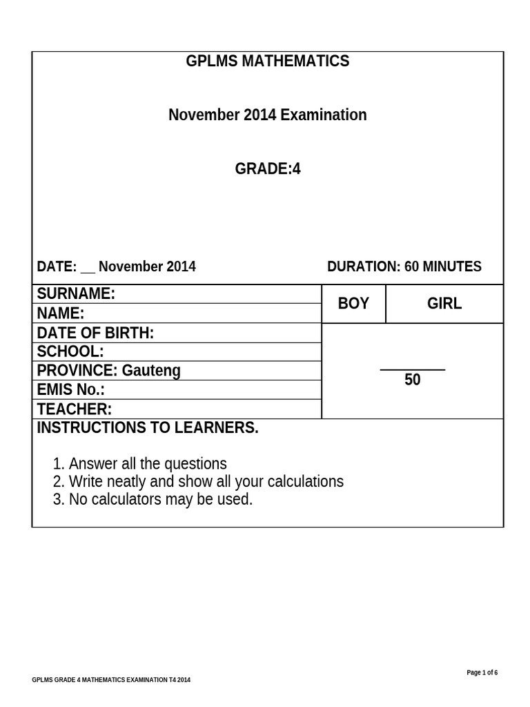 Grade 4 Mathematics Exam November 2014 | PDF
