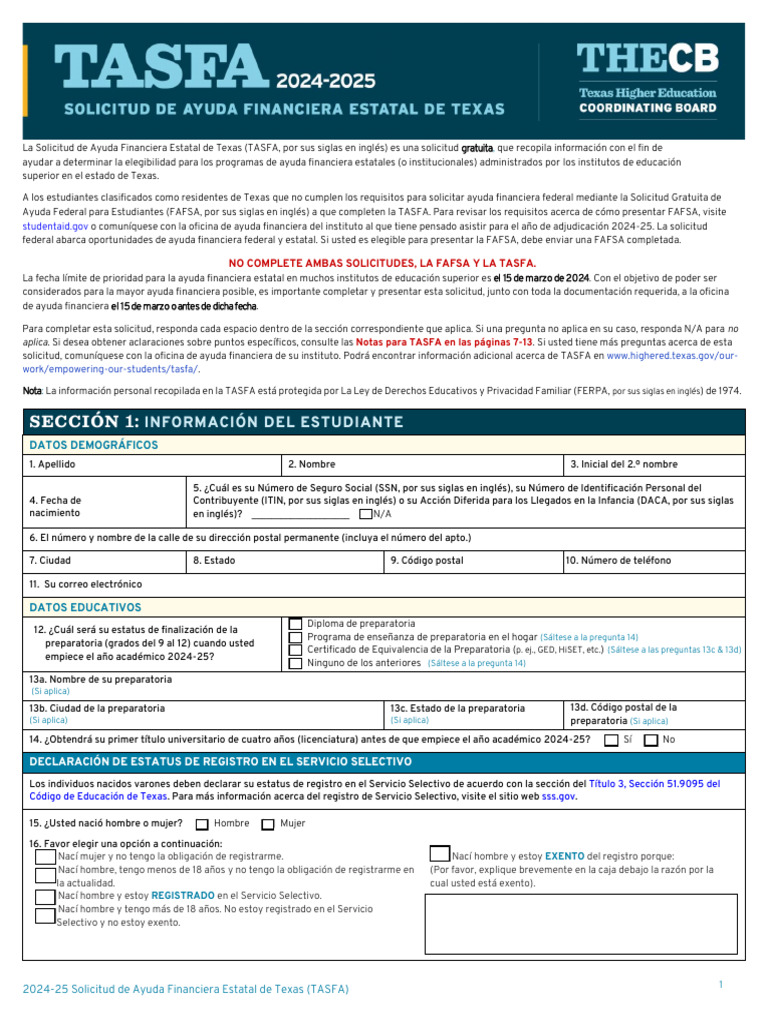 TASFA 2024-25 Spanish Fillable Application and Notes | PDF | Impuestos ...