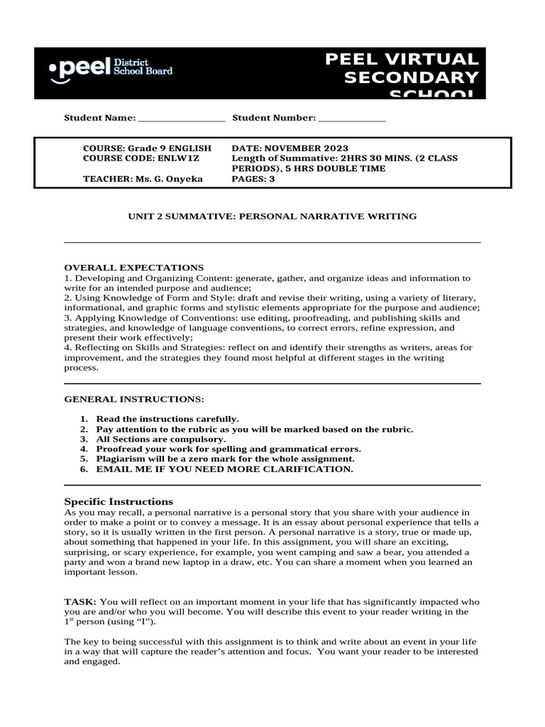 Grade 9 Personal Narrative Assignment | PDF | Proofreading | Narrative