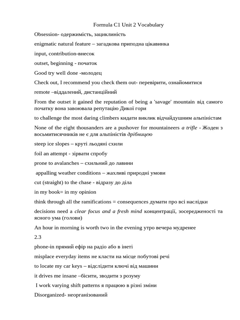 Formula C1 Unit 2 Vocabulary | PDF