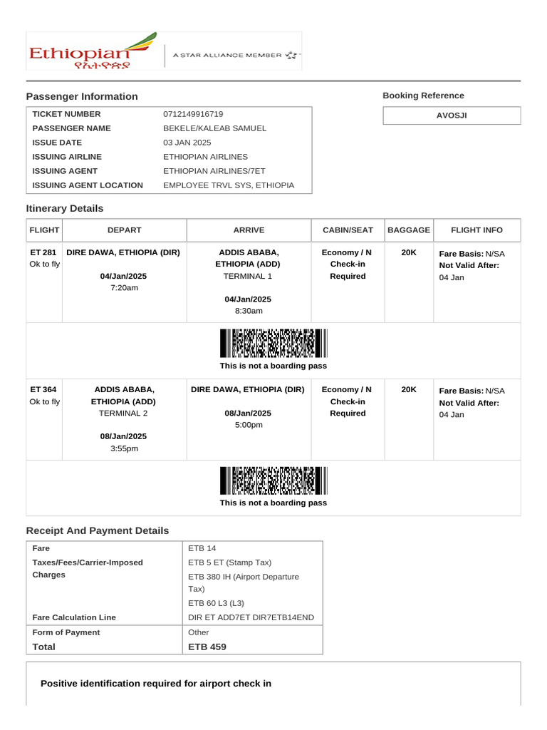 Electronic Ticket Receipt, January 04 For KALEAB SAMUEL BEKELE | PDF ...