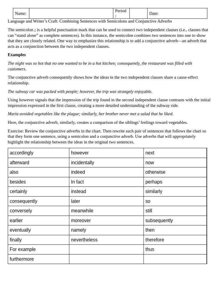 Combining Sentences With Semicolons and Conjunctive Adverbs | PDF ...
