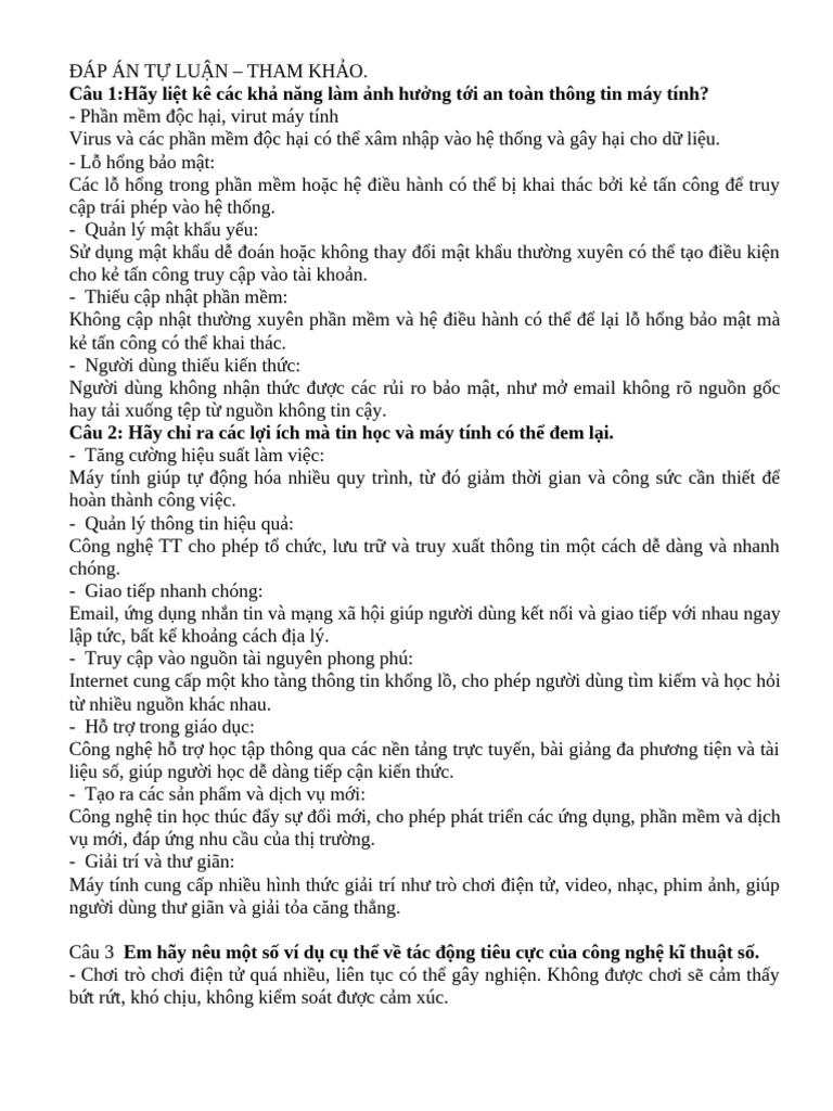 ĐÁP ÁN TỰ LUẬN TIN 9 GKI | PDF