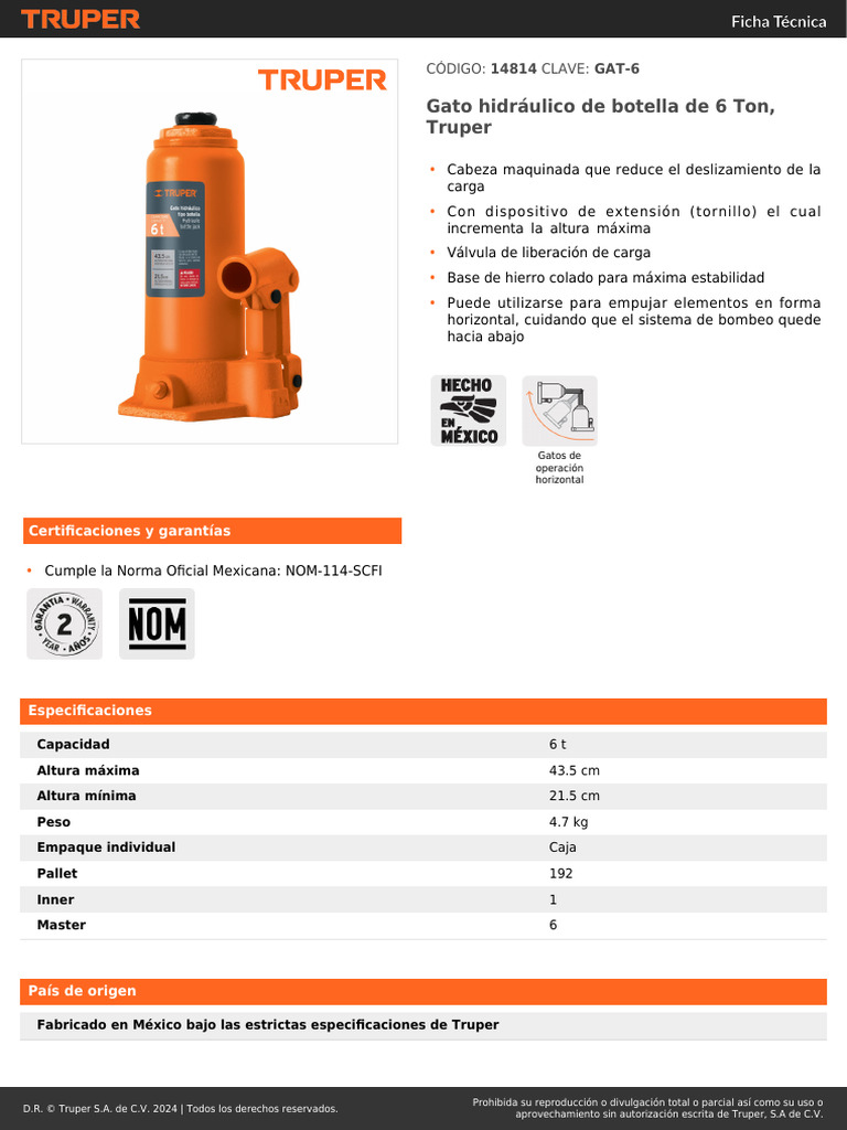Gato Hidráulico de Botella 6 Ton Truper | PDF | Ingeniería mecánica ...