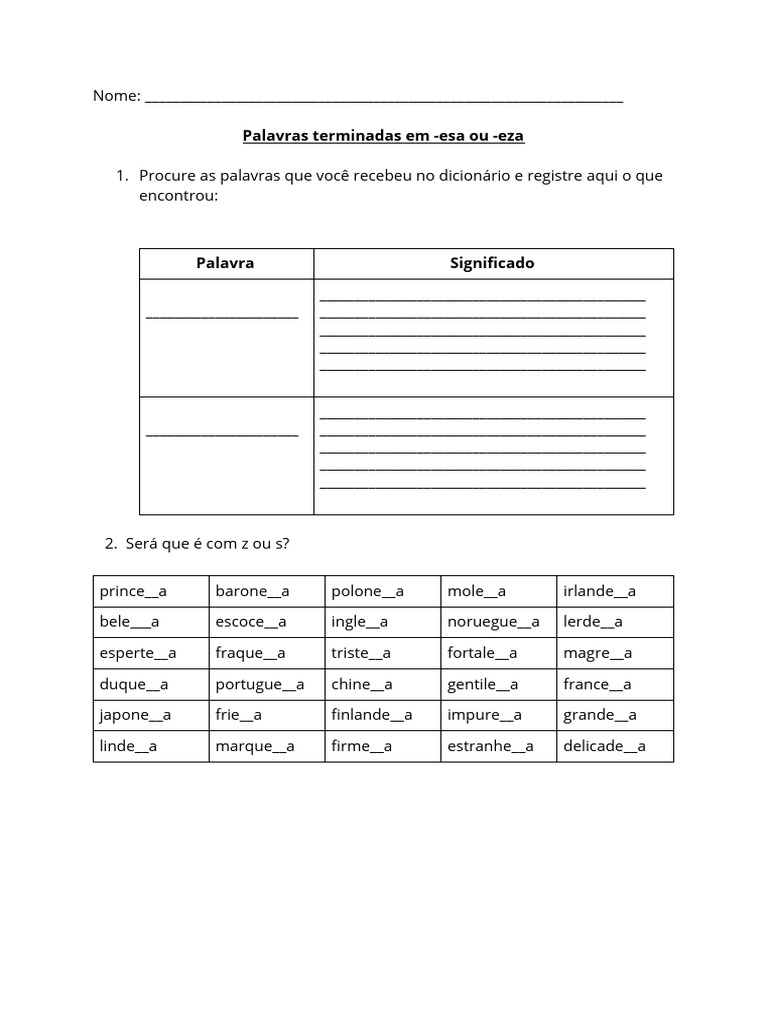 Atividade para Impressao Palavras Terminadas em Esa Ou Eza Lpo5 11ats02 | PDF | Idiomas ...