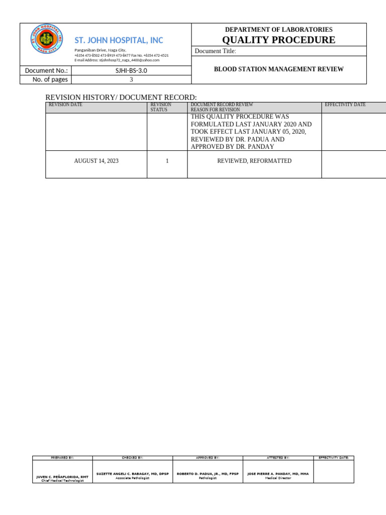 Blood Station Assessment Protocol | PDF