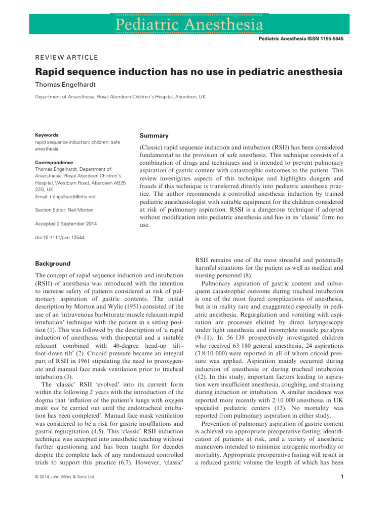 RAPID SEQUENCE INDUCTION AND INTUBATION - Enghelhard. 2018 | PDF ...