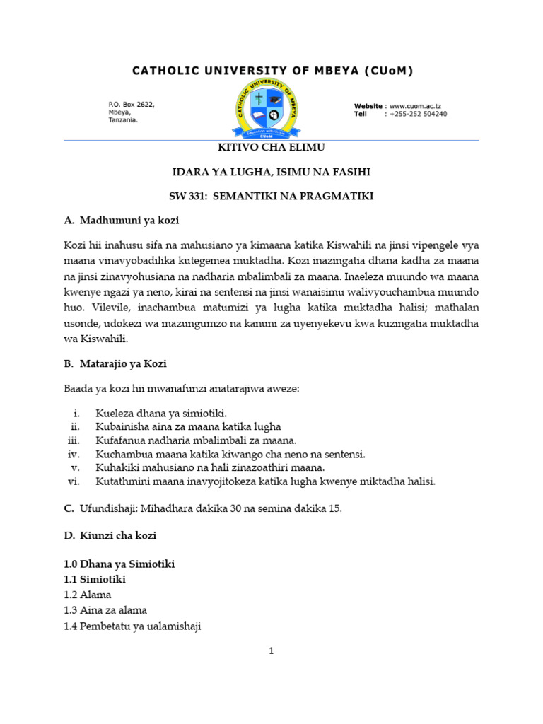 Muhtasari Wa Semantiki Na Pragmatiki | PDF