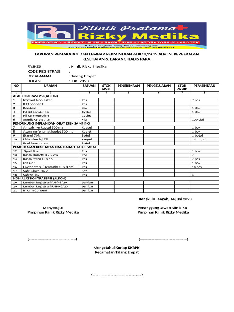 Laporan Pemakaian Alkon Klinik Rizky Medika | PDF
