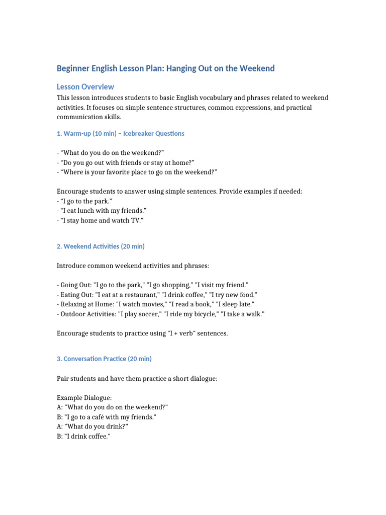 Weekend Activities English Lesson Plan | PDF | Coffeehouse
