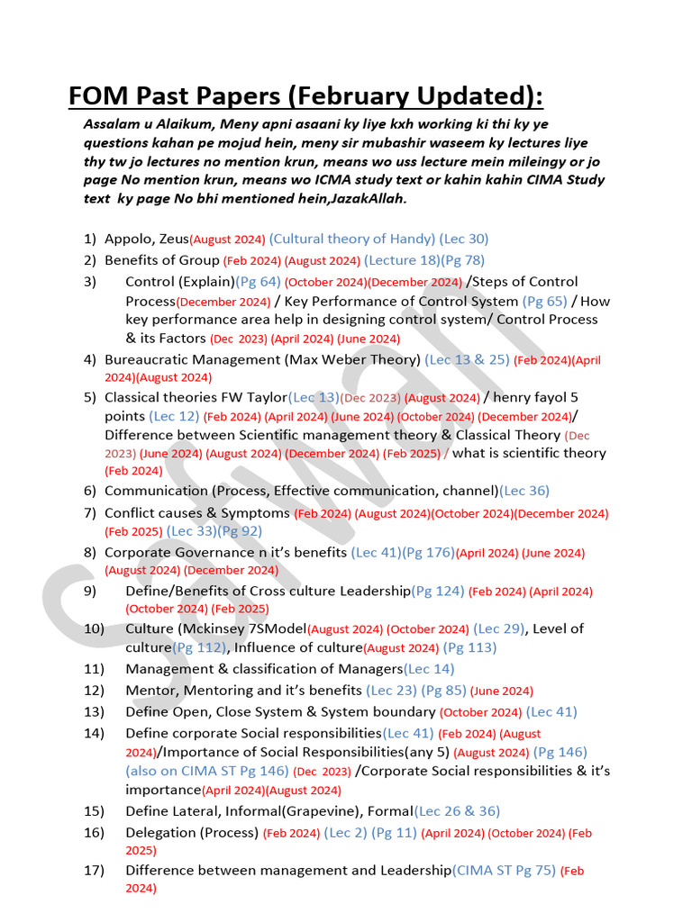 FOM Past Papers Overview and Insights | PDF | Goal | Leadership