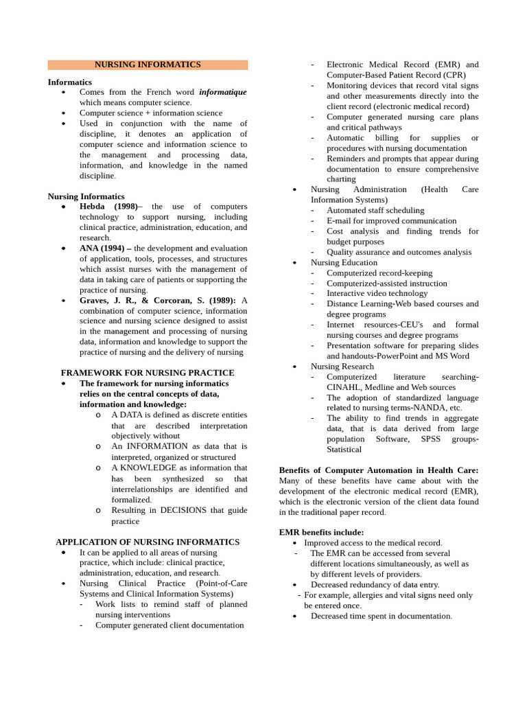 NURSING INFORMATICS - Prelim | PDF | Computer Data Storage | Electronic ...