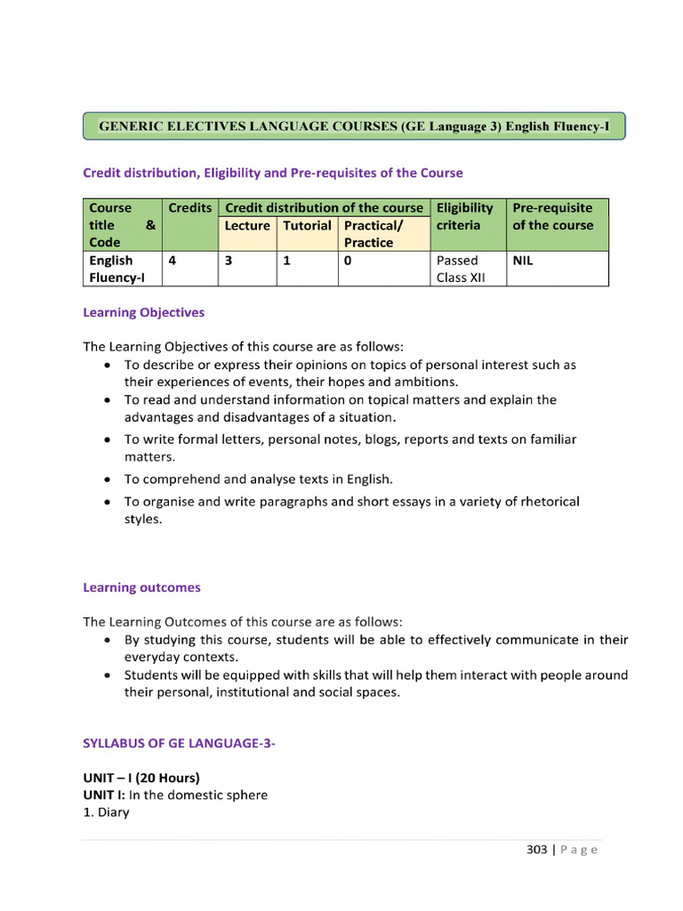 English Fluency Semester 2 Syllabus | PDF