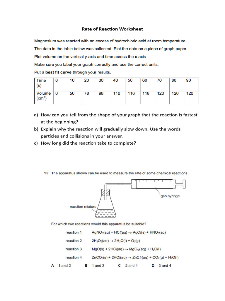 Rate of Reaction Worksheet | PDF