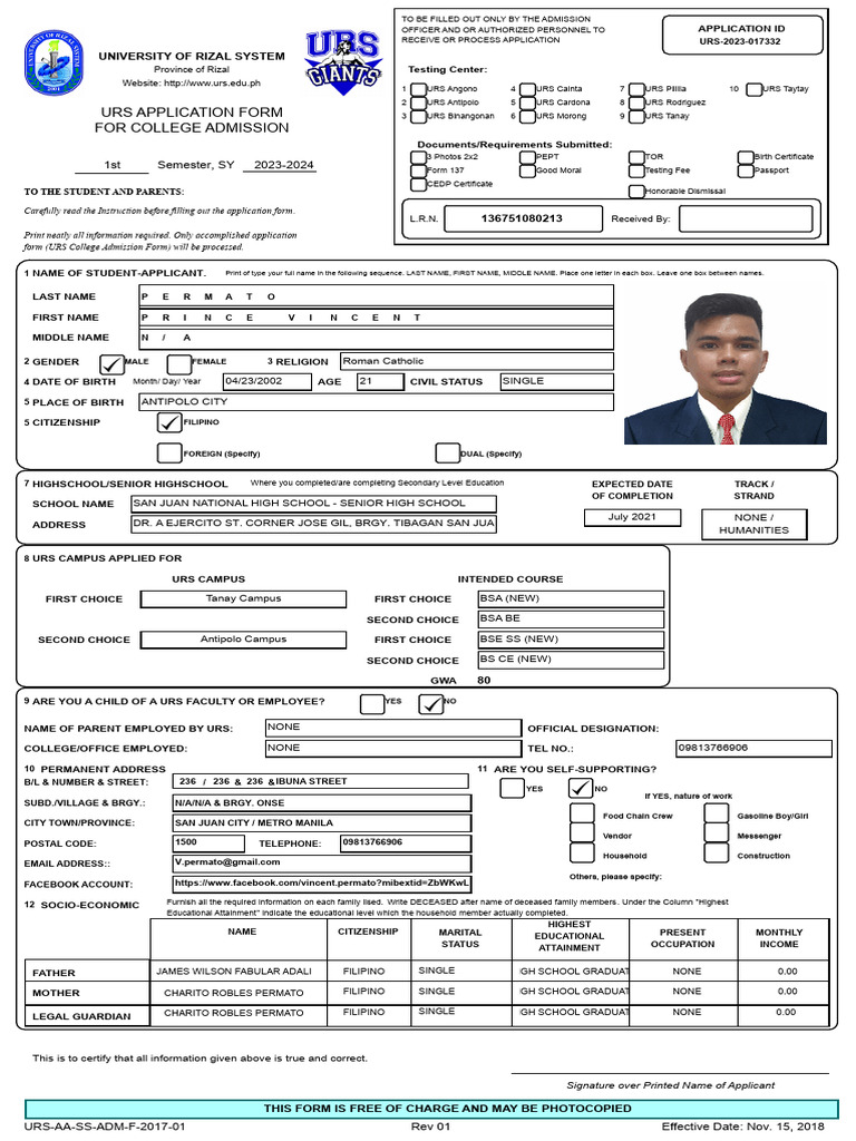 URS College Admission Application Form | PDF | Government And Personhood
