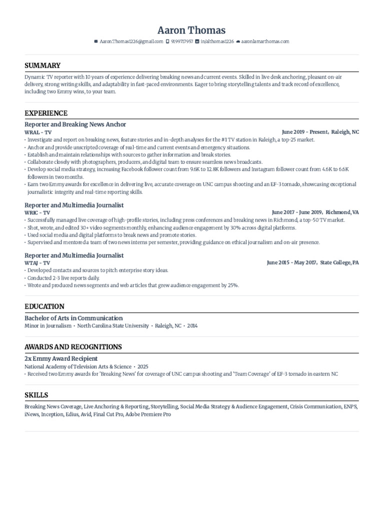 Aaron Thomas TV News Resume 2025 | PDF | News | Mass Media