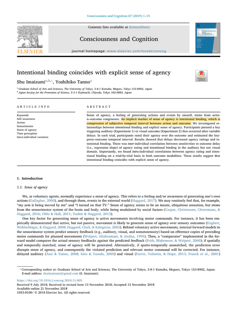 Sense o Agency - Intentional Binding Coincides With Explicit Sense of ...