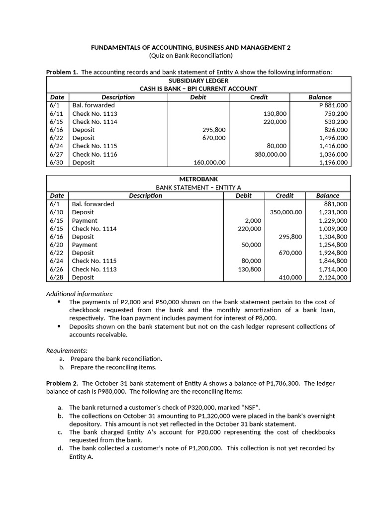 FABM 2 Quiz On Bank Reconciliation 4 | PDF | Banks | Debits And Credits