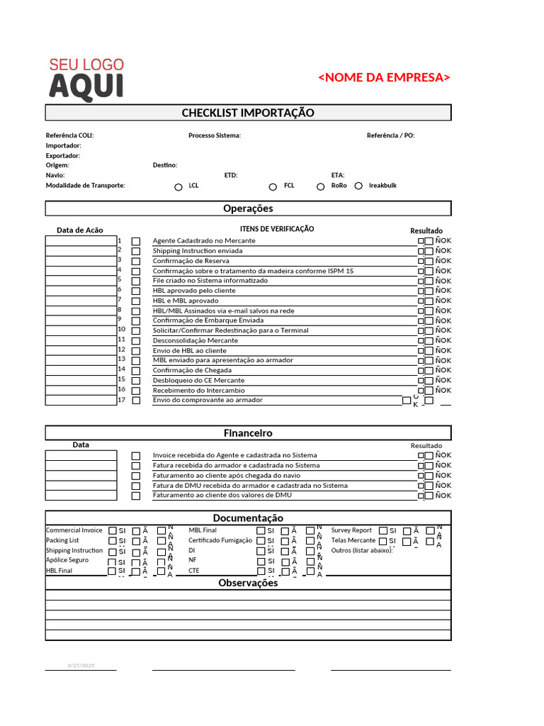 MODELO - Checklist de Importação e Exportação | PDF