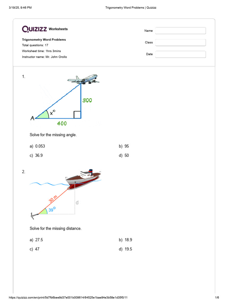 Trigonometry Word Problems | PDF | Trigonometry | Triangle Geometry