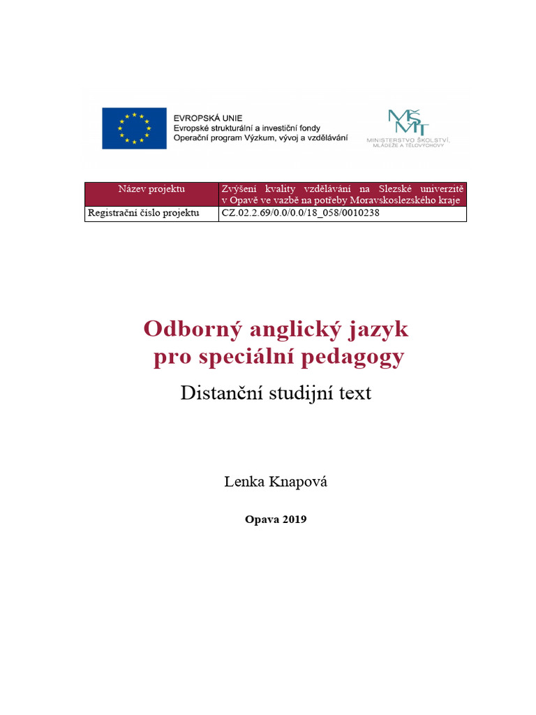 Odborny Anglicky Jazyk Pro Specialni Pedagogy | PDF