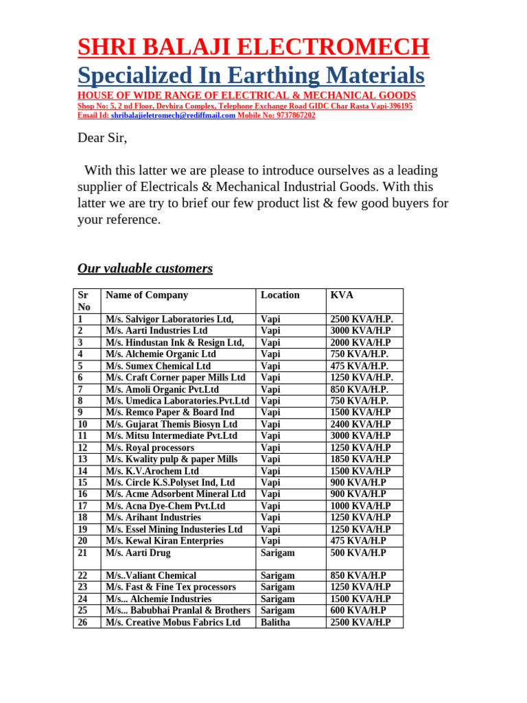 Shri Balaji Electromech - Introduction Latter | PDF | Manufactured Goods | Equipment