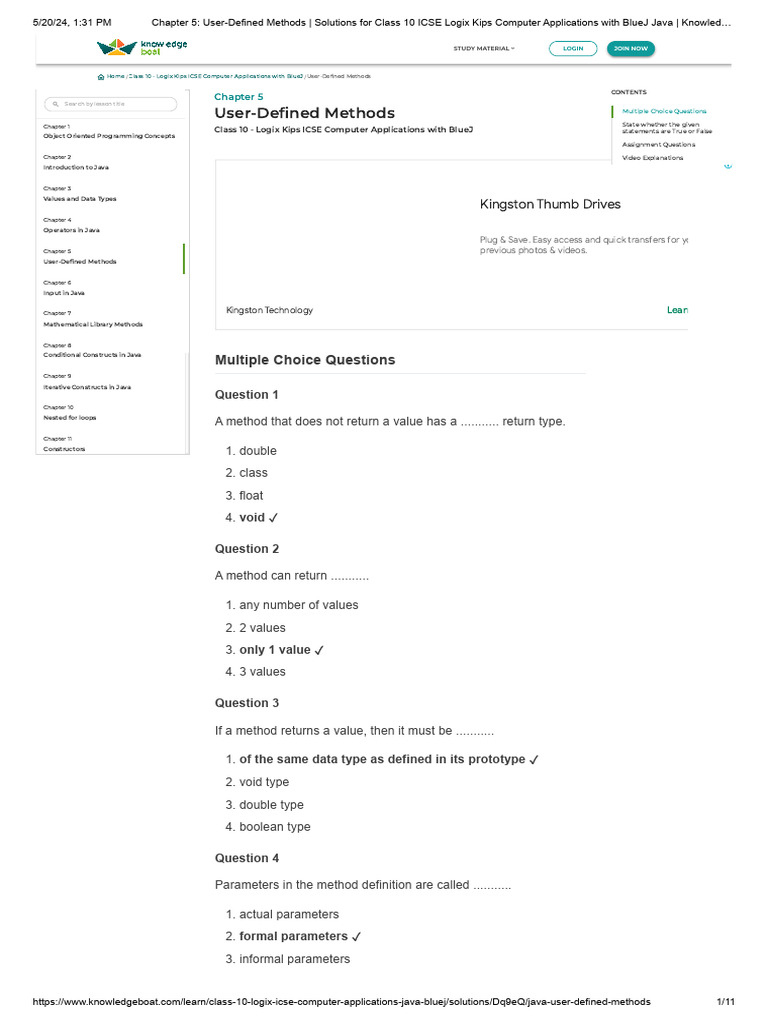 Chapter 5_ User-Defined Methods _ Solutions for Class 10 ICSE Logix Kips Computer Applications ...