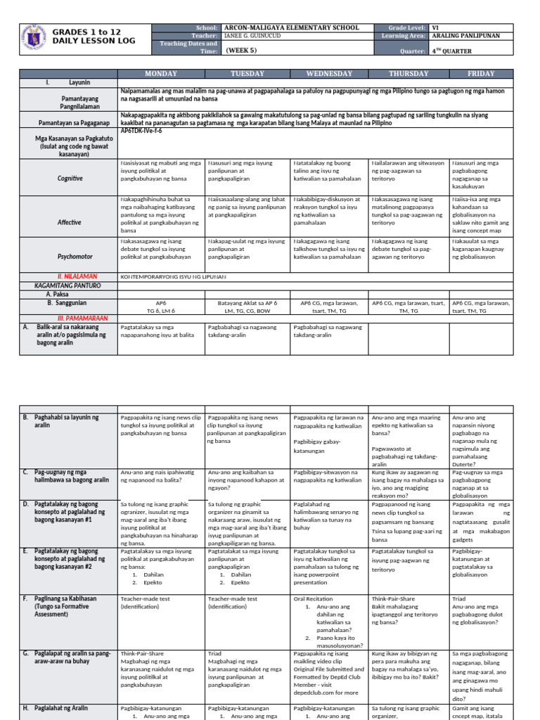DLL - Araling Panlipunan 6 - Q4 - W5 | PDF