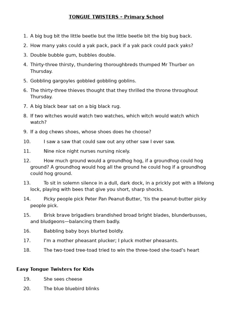 Fun Tongue Twisters for Kids | PDF