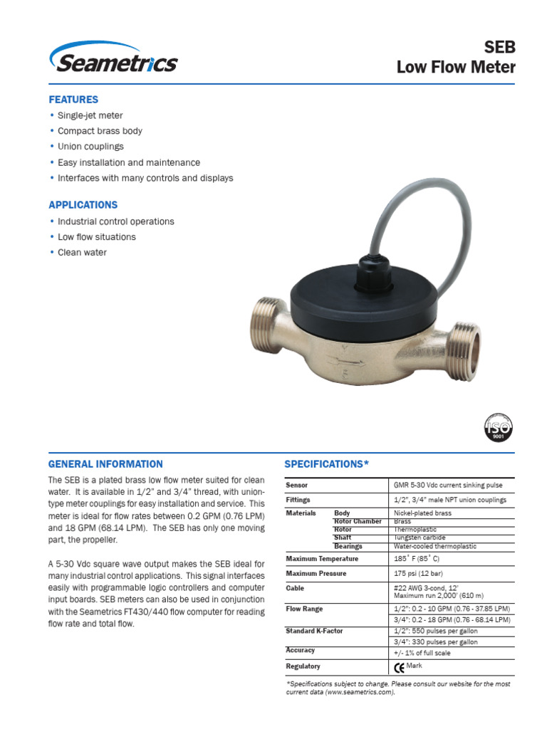 Seametrics Obsolete SEB Brass Meter Specifications | PDF | Flow ...