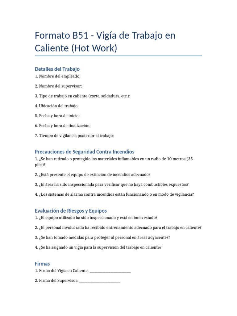 Formato b51 Trabajo en Caliente Checklist | PDF