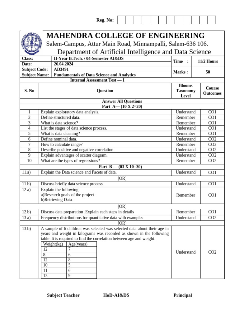FDS IAT 1 QUESTION With Answer | PDF | Data Science | Data Analysis