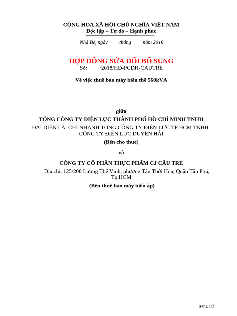 14 Gia Han HĐ Thue Bao MBT 1x560kVA (Cau Tre Ngay 08-9-2018) | PDF