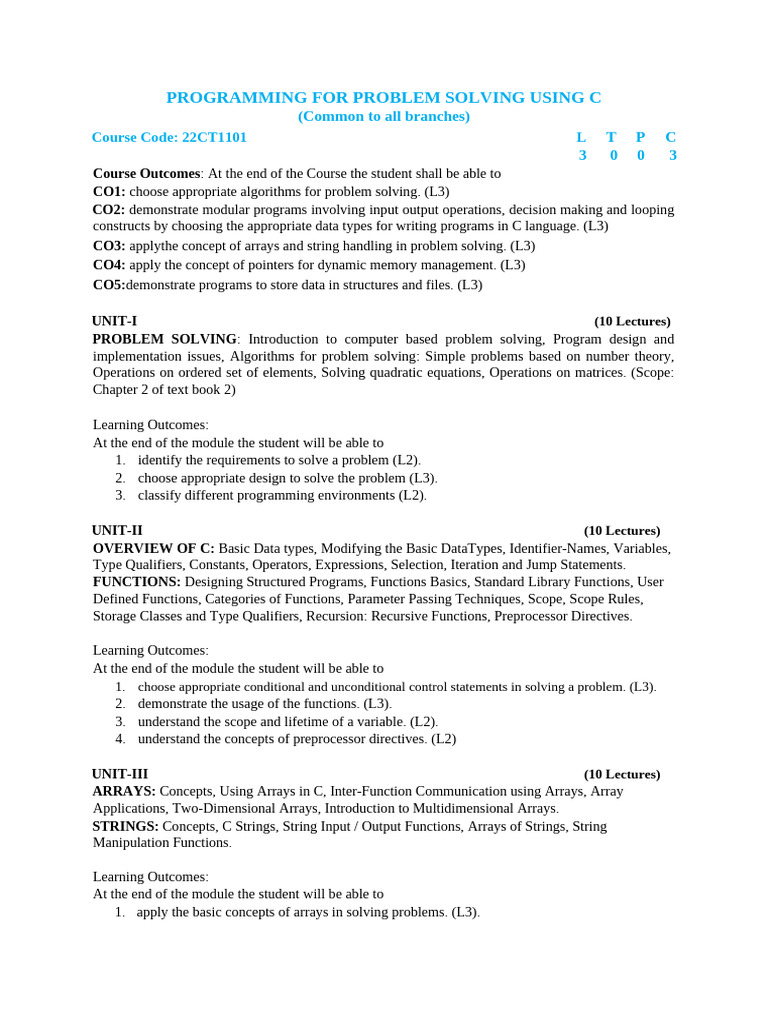 PROGRAMMING FOR PROBLEM SOLVING USING C(WORD) | PDF | Computer Program | Programming