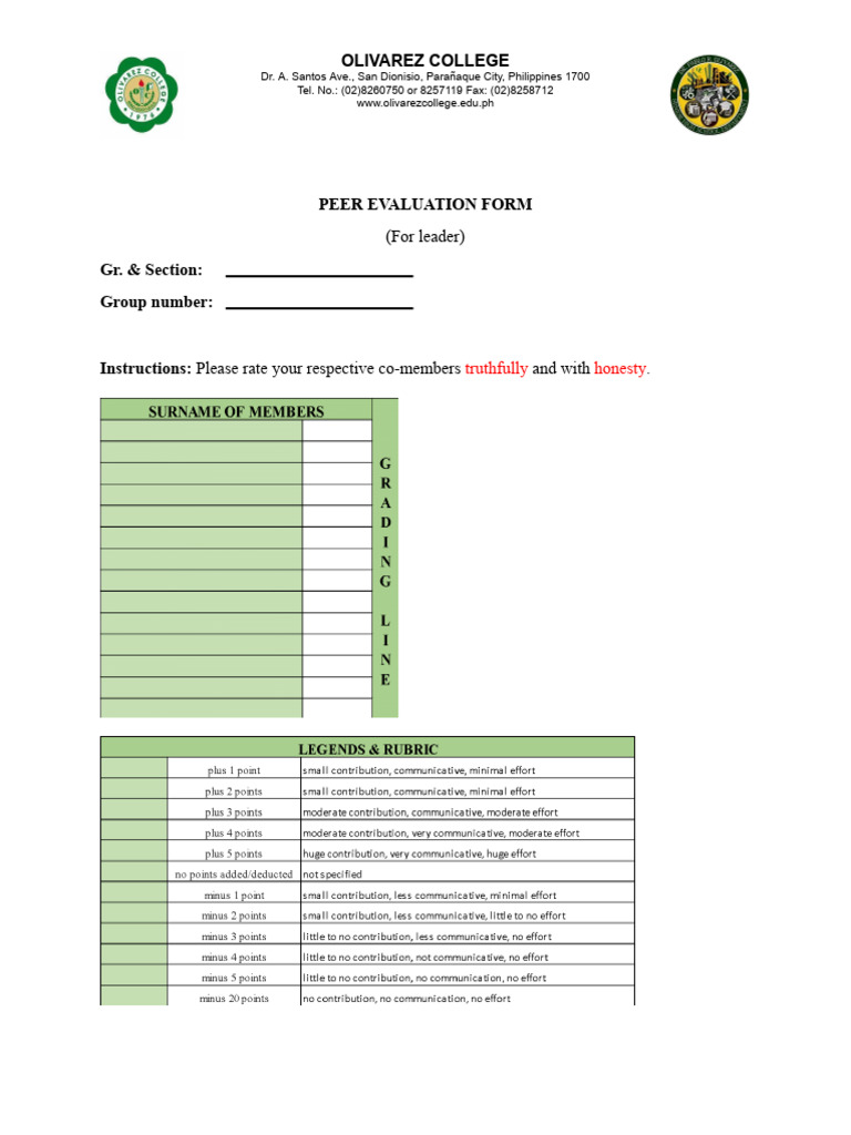 Peer Evaluation Form (3rd Quarter) FOR LEADERS | PDF